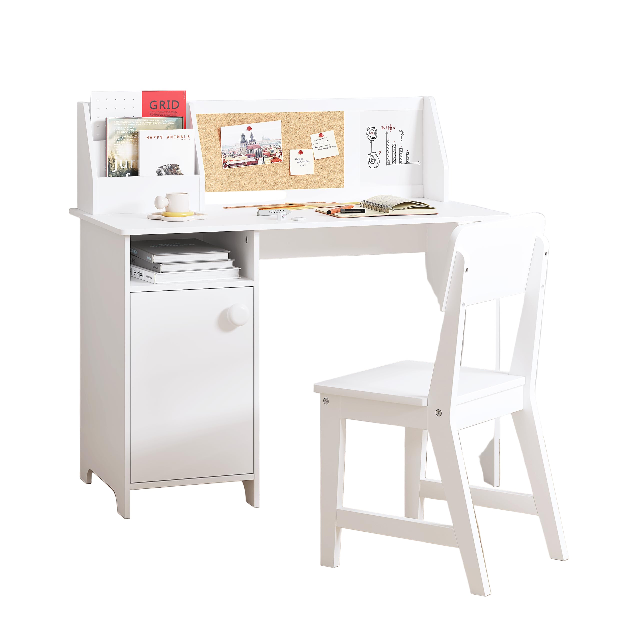 Kids Study Desk with Chair Set White - Children's Wooden School Desk ...